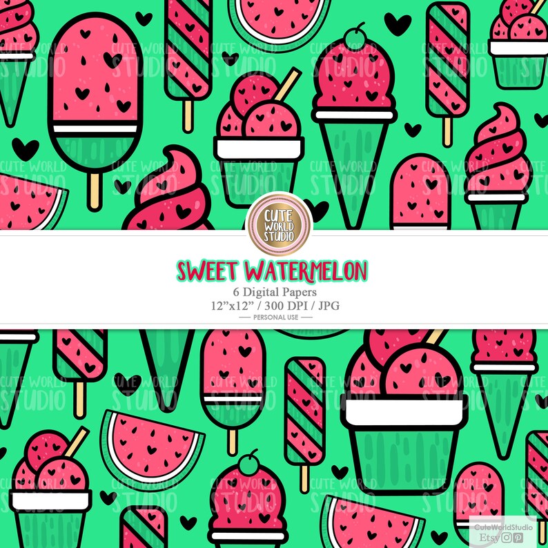 Sweet Watermelon Digital Paper and Clipart / Popsicle / Ice | Etsy