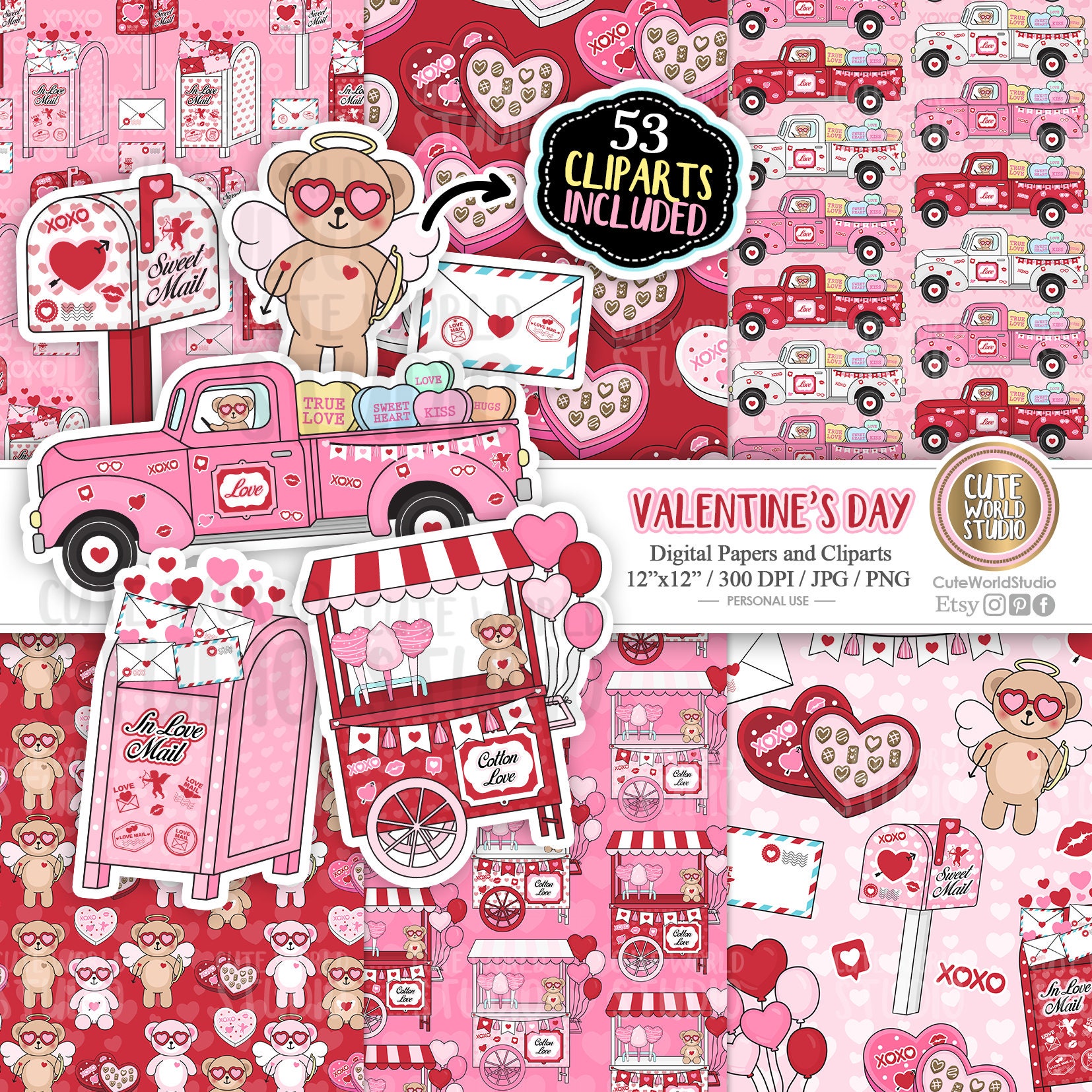 Valentines Day Clipart Cute Digital Papers and Cliparts - Etsy