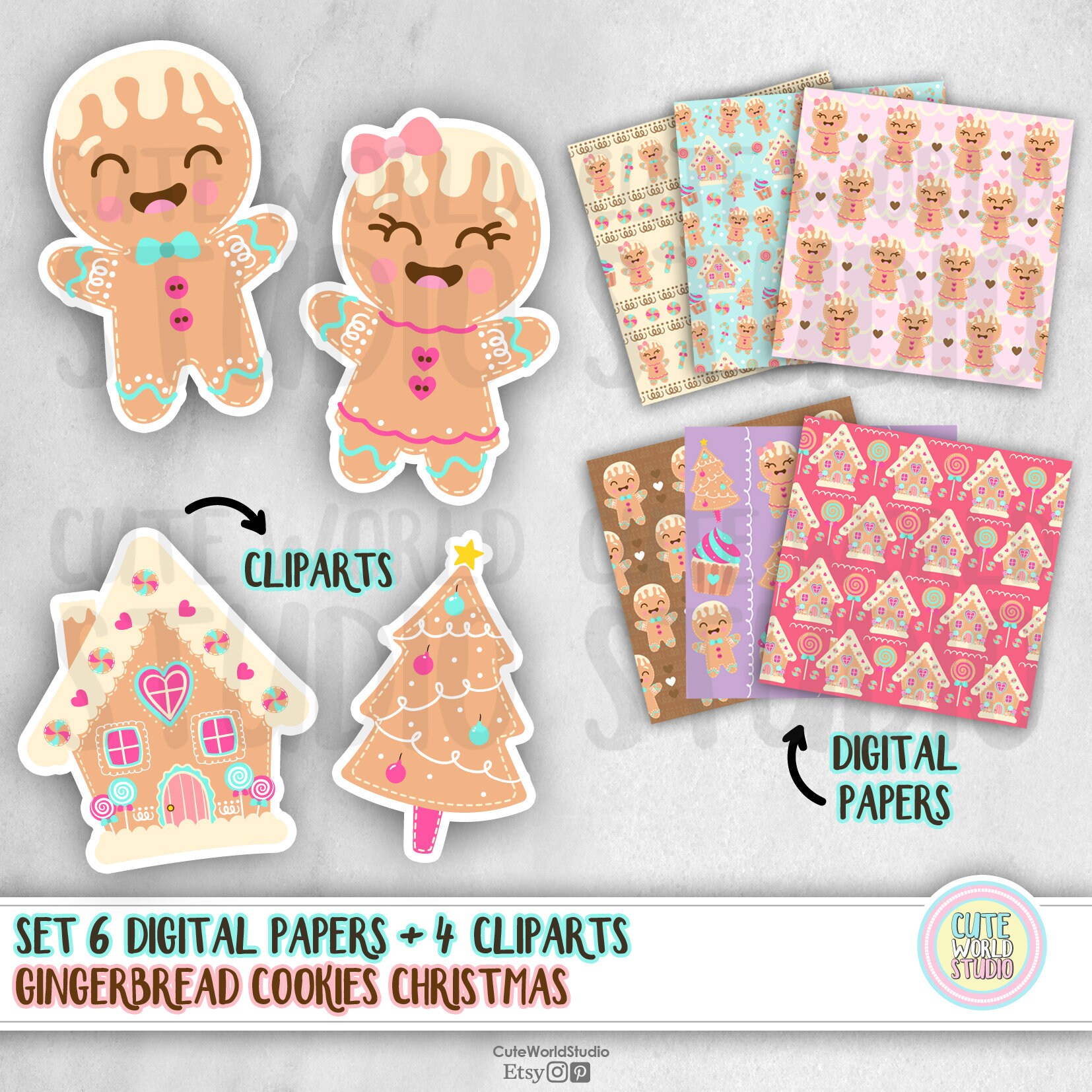 Gingerbread Cookies Christmas Digital Papers and Cliparts / - Etsy