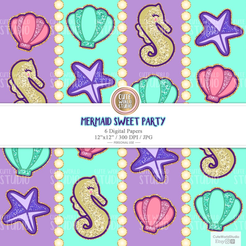 Mermaid Sweet Glitter Party Digital Paper and Clipart / | Etsy