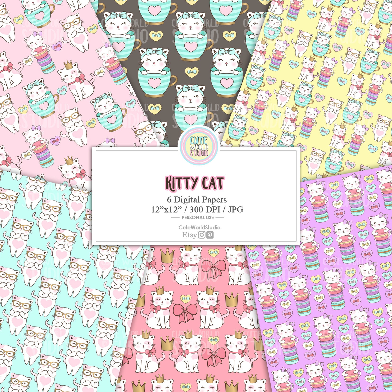 Kitty Cat Digital Paper and Clipart / Kitty Cat Glasses / - Etsy