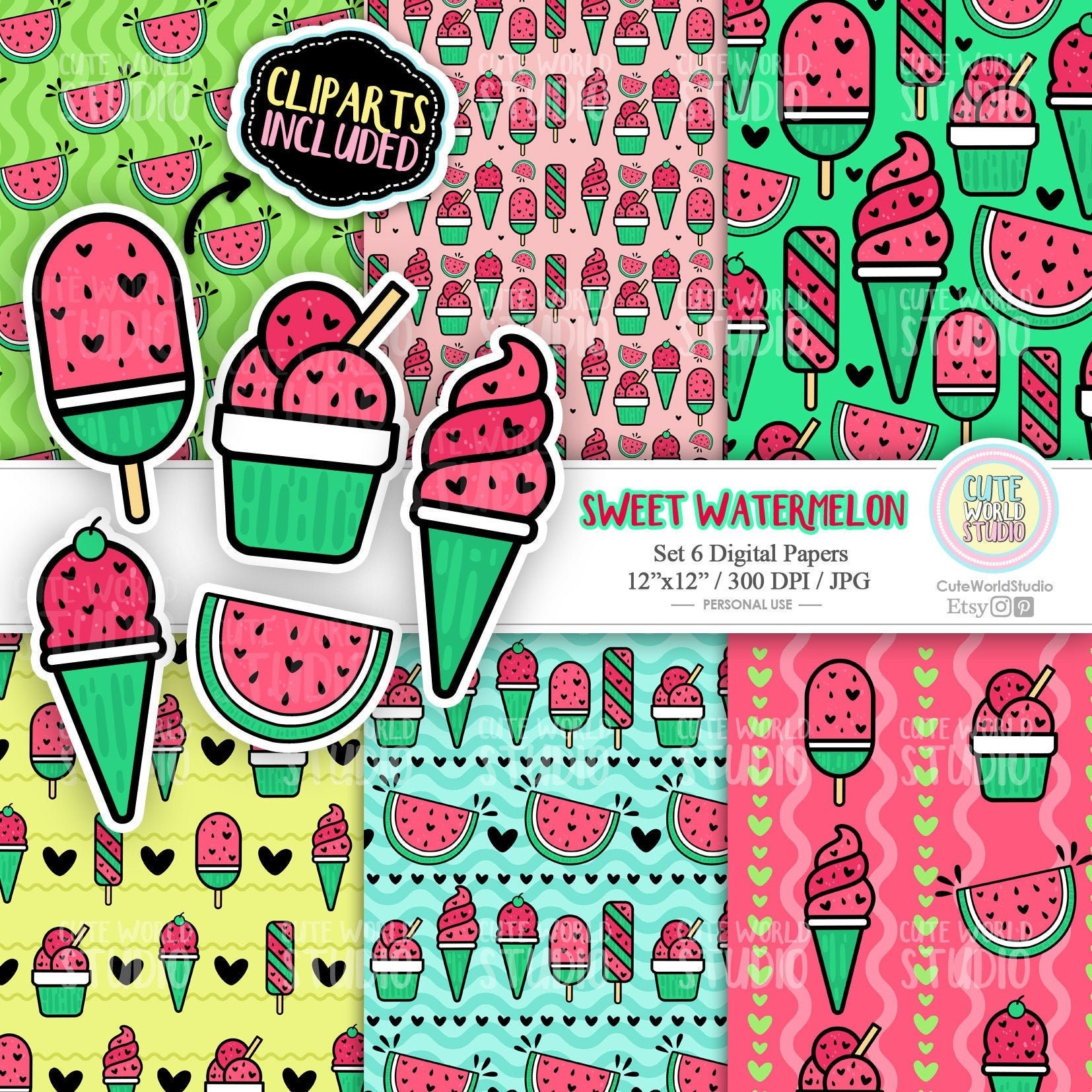 Sweet Watermelon Digital Paper and Clipart / Popsicle / Ice - Etsy