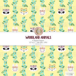 Woodland Animals Fox Raccoon Bunny Rabbit Digital Paper and Clipart ...