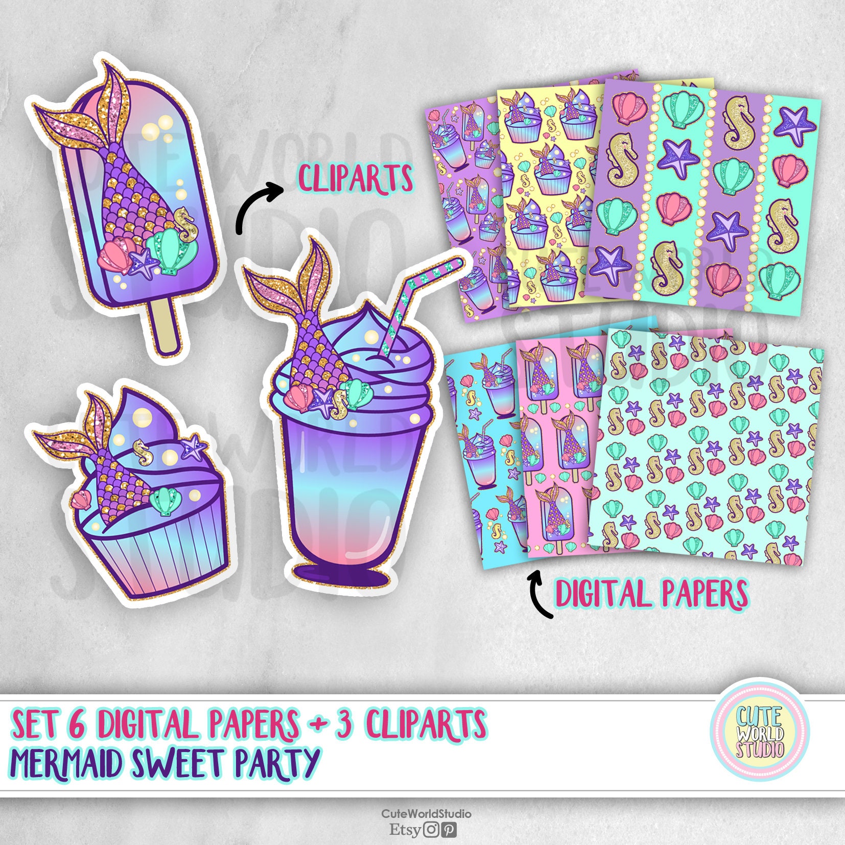 Mermaid Sweet Glitter Party Digital Paper and Clipart / - Etsy