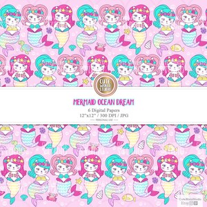 Kitty Cat Mermaid Ocean Dream Digital Paper and Clipart / Snail / Crab ...