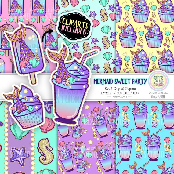 Mermaid Sweet Glitter Party Digital Paper and Clipart / | Etsy
