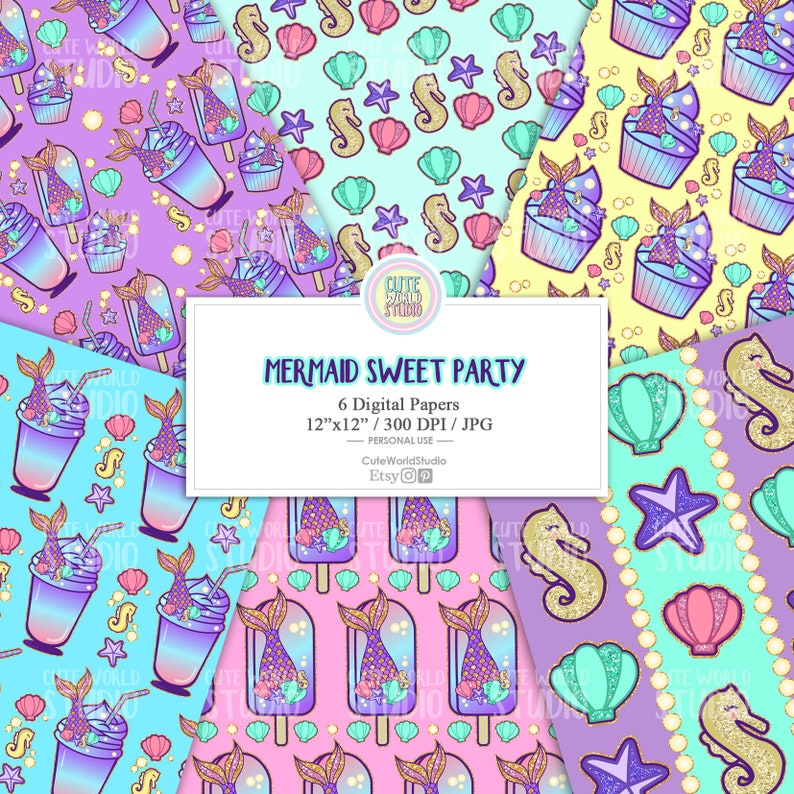Mermaid Sweet Glitter Party Digital Paper and Clipart / - Etsy