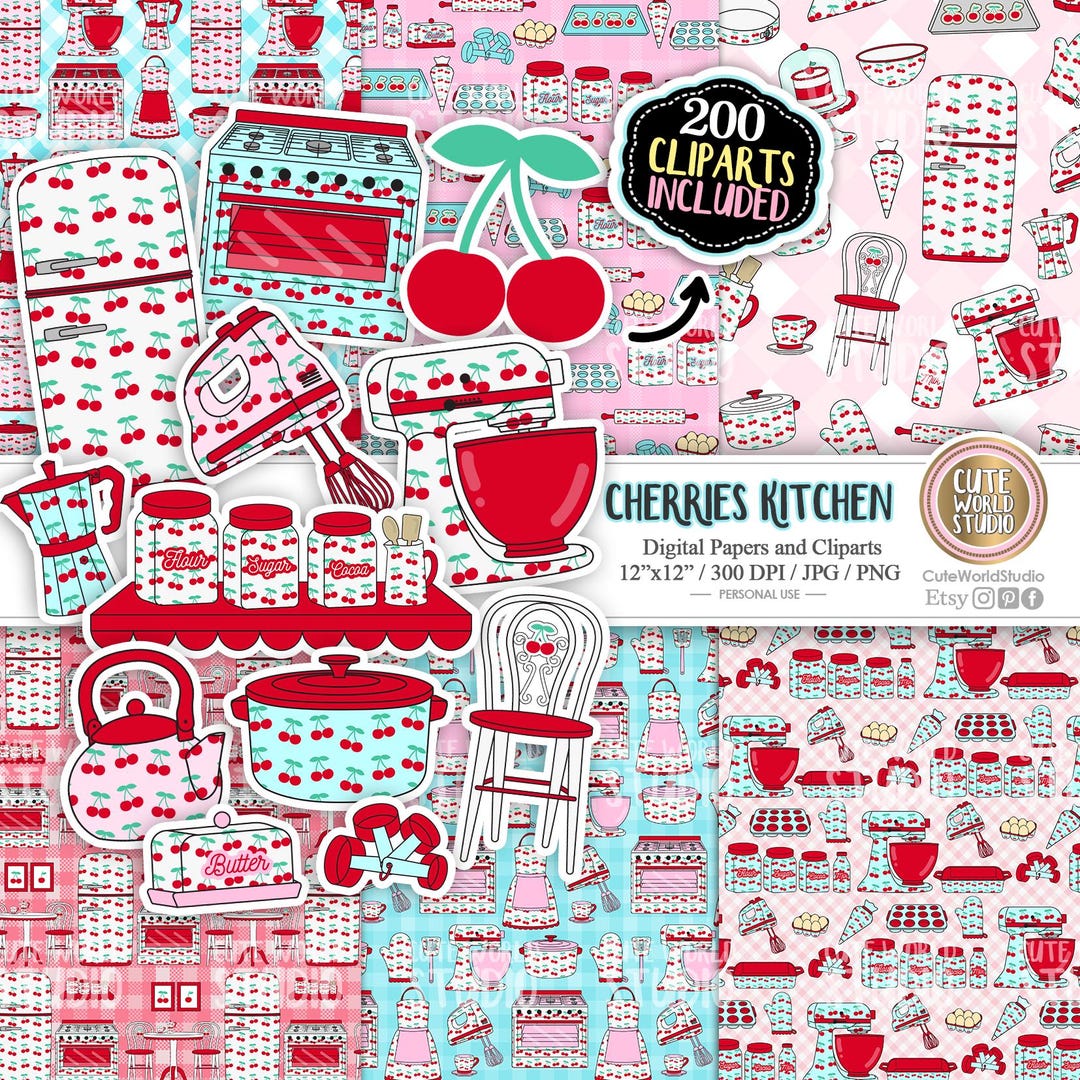 Cherry Clipart, Cherries, Kitchen, Digital Papers and Cliparts Instant ...