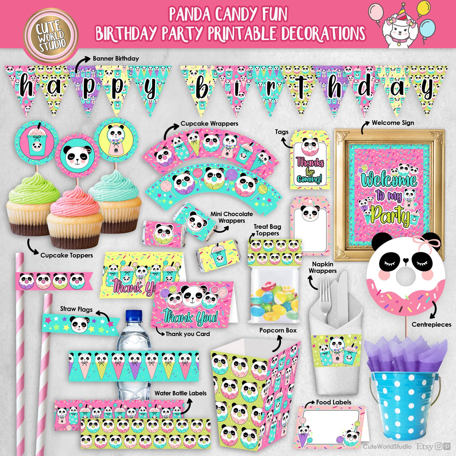 Printable Party Decorations Panda / Printable Set / Donut / Candy ...