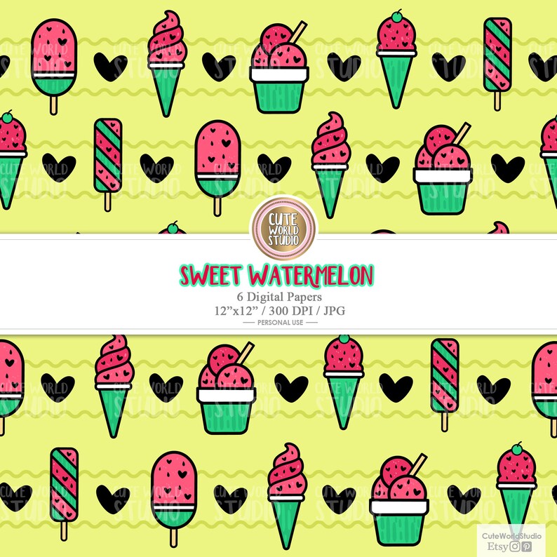Sweet Watermelon Digital Paper and Clipart / Popsicle / Ice | Etsy