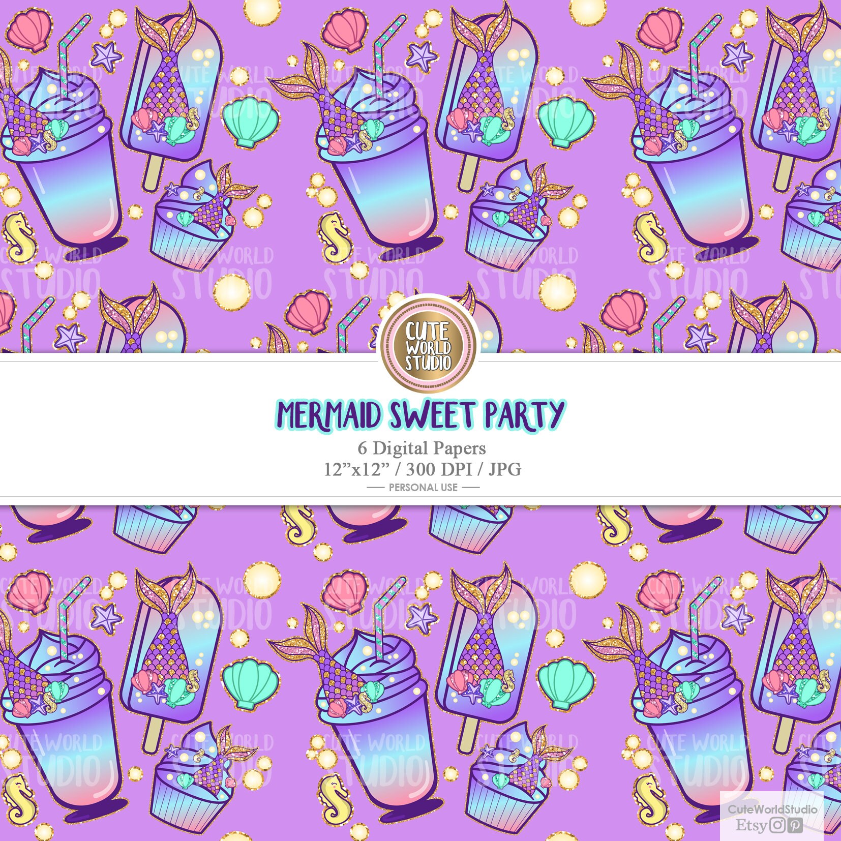Mermaid Sweet Glitter Party Digital Paper and Clipart / - Etsy
