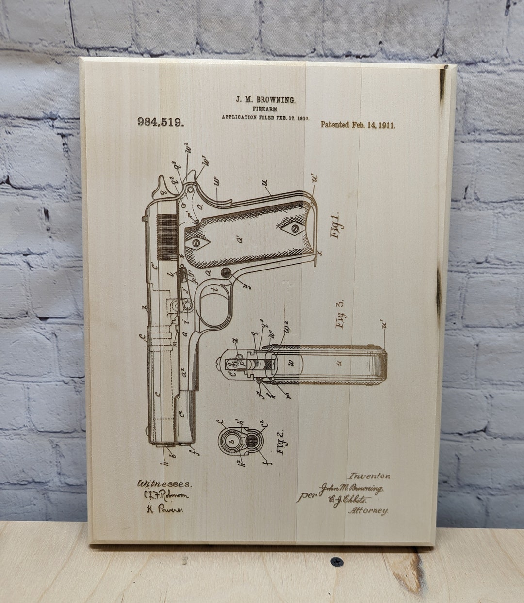 1911 Patent Laser Engraved on Basswood Plaque, Gun Patent, Firearms ...