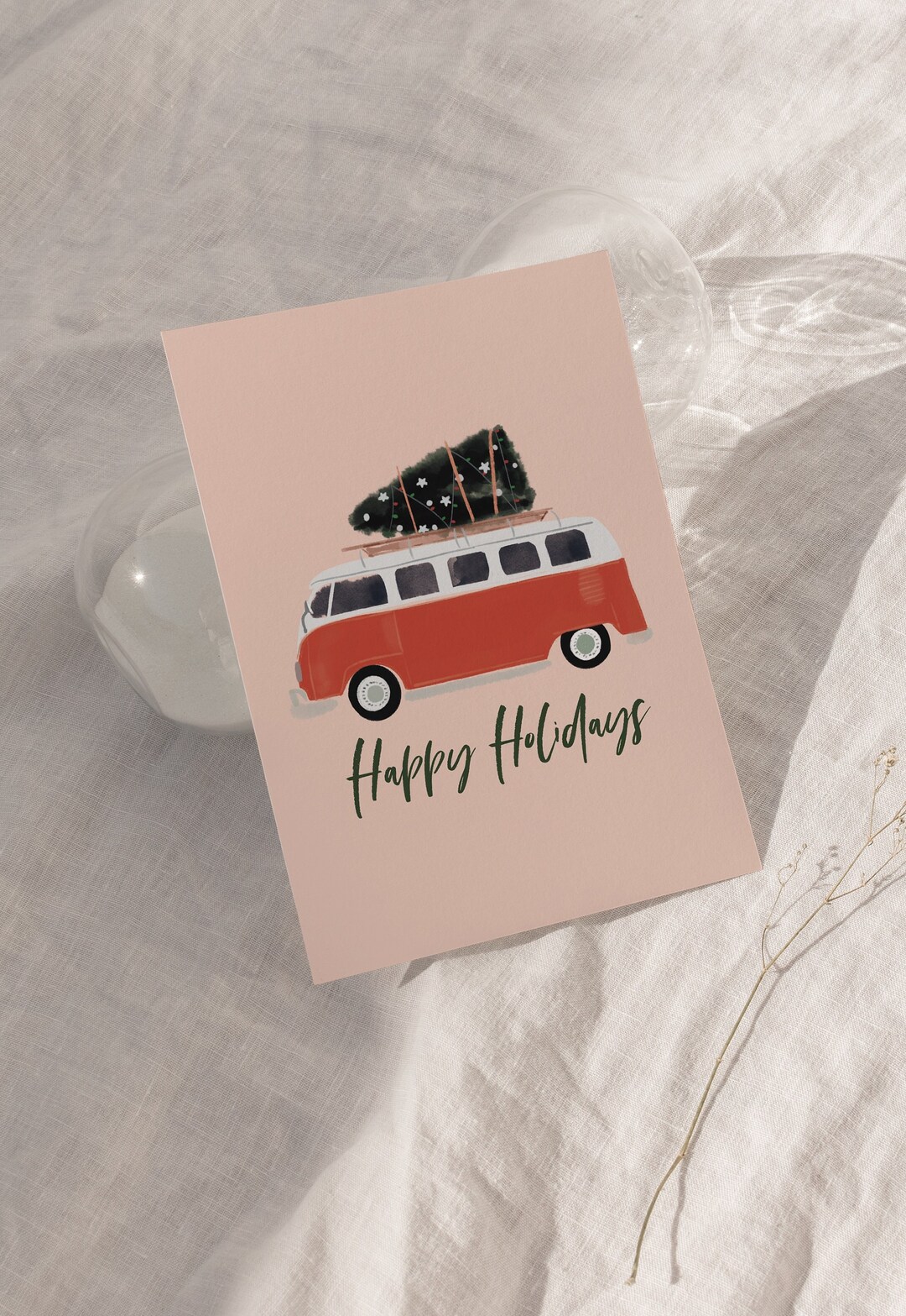 Holiday Card, VW BUS, Christmas Tree, Pink Christmas Card - Etsy