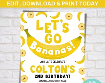 Let's Go Bananas Birthday Party Invitation, Bananas, Monkey Birthday ...