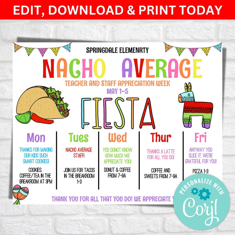 Nacho Fiesta Cinco De Mayo, Editable 8.5x11 Teacher Appreciation, Week ...