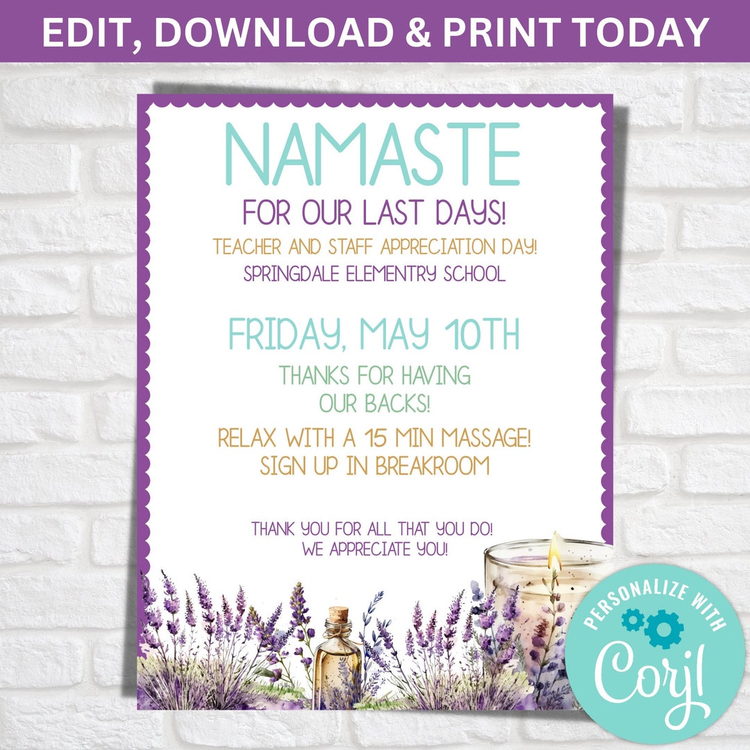 Spa Teacher Appreciation Week Poster: Editable Namaste Theme (digital ...