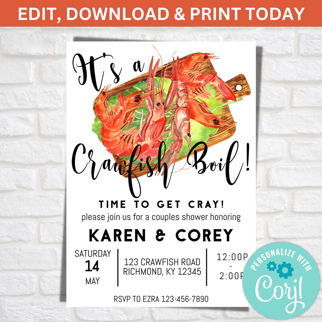 Crawfish Boil Invitation, Crawfish Couples Shower Invite, Editable ...