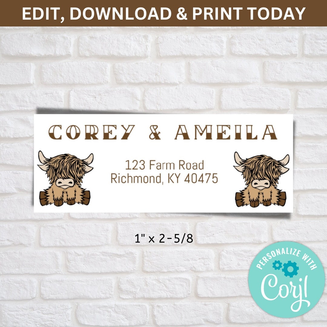 Holy Cow Return Address Label, Highland Cow Print Label, Editable Cow ...