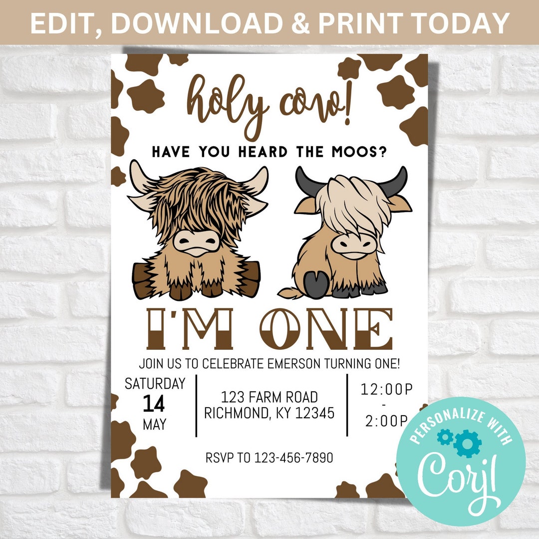 Holy Cow I'm One, Holy Cow Birthday Invitation, Highland Cow Print ...