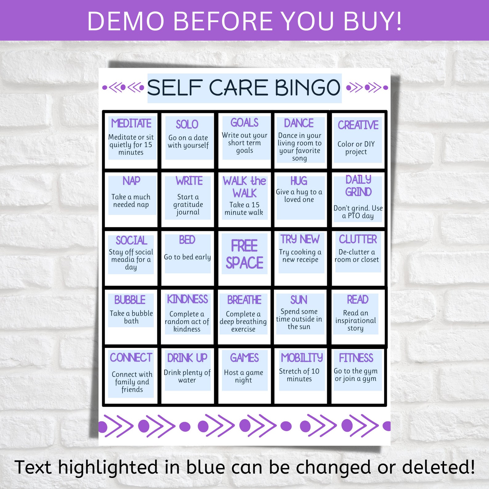 Self Care Bingo: Wellness Activity Worksheet (editable PDF) - Etsy