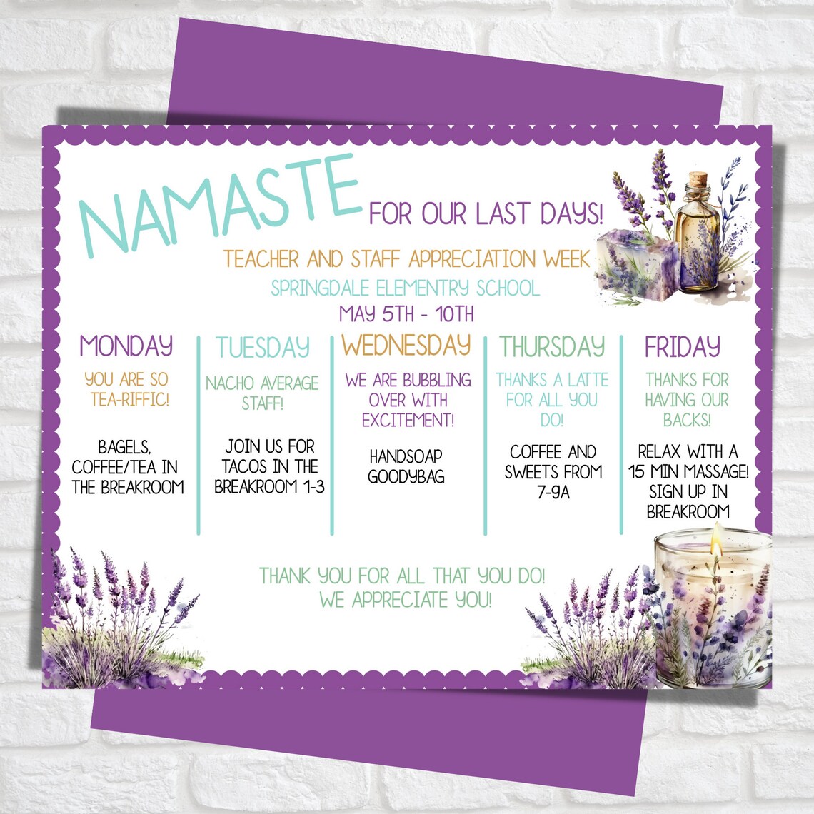 Spa Teacher and Staff Appreciation Week, Namaste for Our Last Days ...