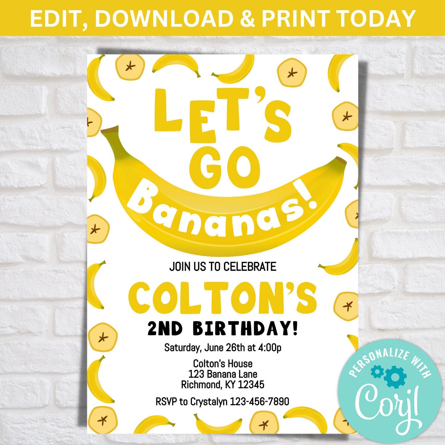 Banana Themed Birthday Party Invitation Let's Go Bananas Birthday