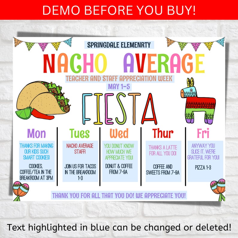Nacho Fiesta Teacher Appreciation Sign: Editable School Staff Printable ...