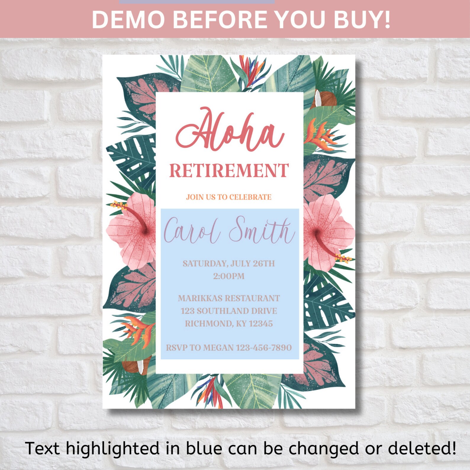 Editable Aloha Retirement Invitation, Invite Party Luau Digital ...