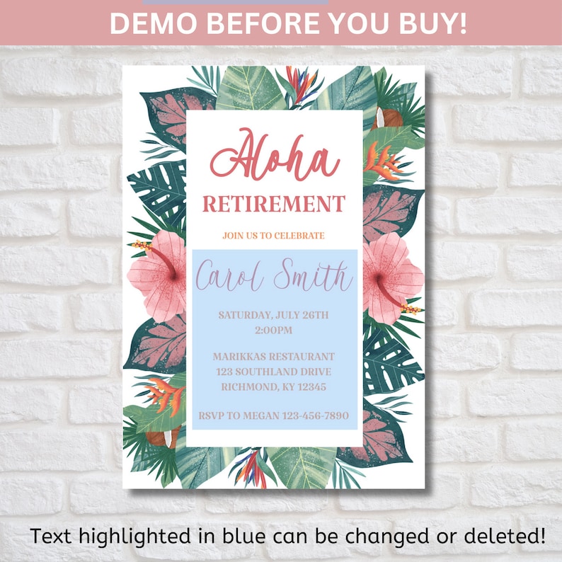 Editable Aloha Retirement Invitation, Invite Party Luau Digital ...