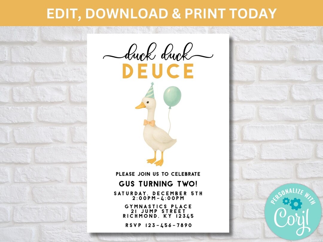 Duck Duck Deuce 2nd Birthday Invitation (editable Template) - Etsy