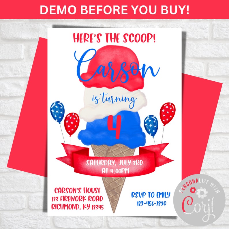 Editable 4th of July Ice Cream Birthday Invitation, 4th of July Ice ...