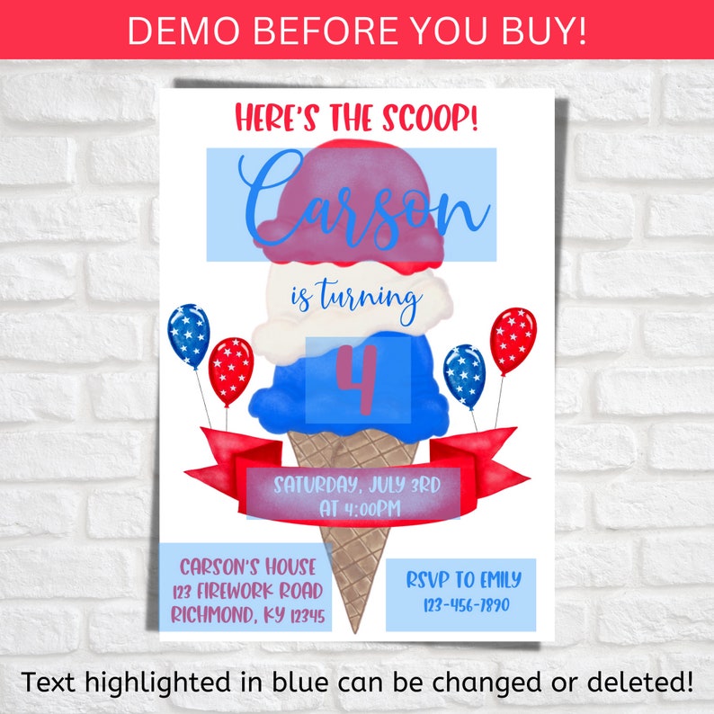 Editable 4th of July Ice Cream Birthday Invitation, 4th of July Ice ...