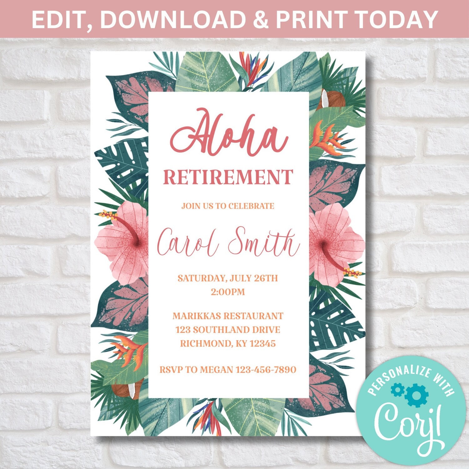Editable Aloha Retirement Invitation, Invite Party Luau Digital ...