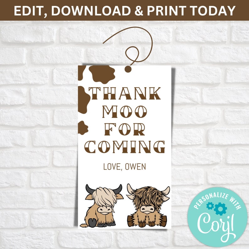 Editable Highland Cow Favor Tags, Thank Moo for Coming - Etsy