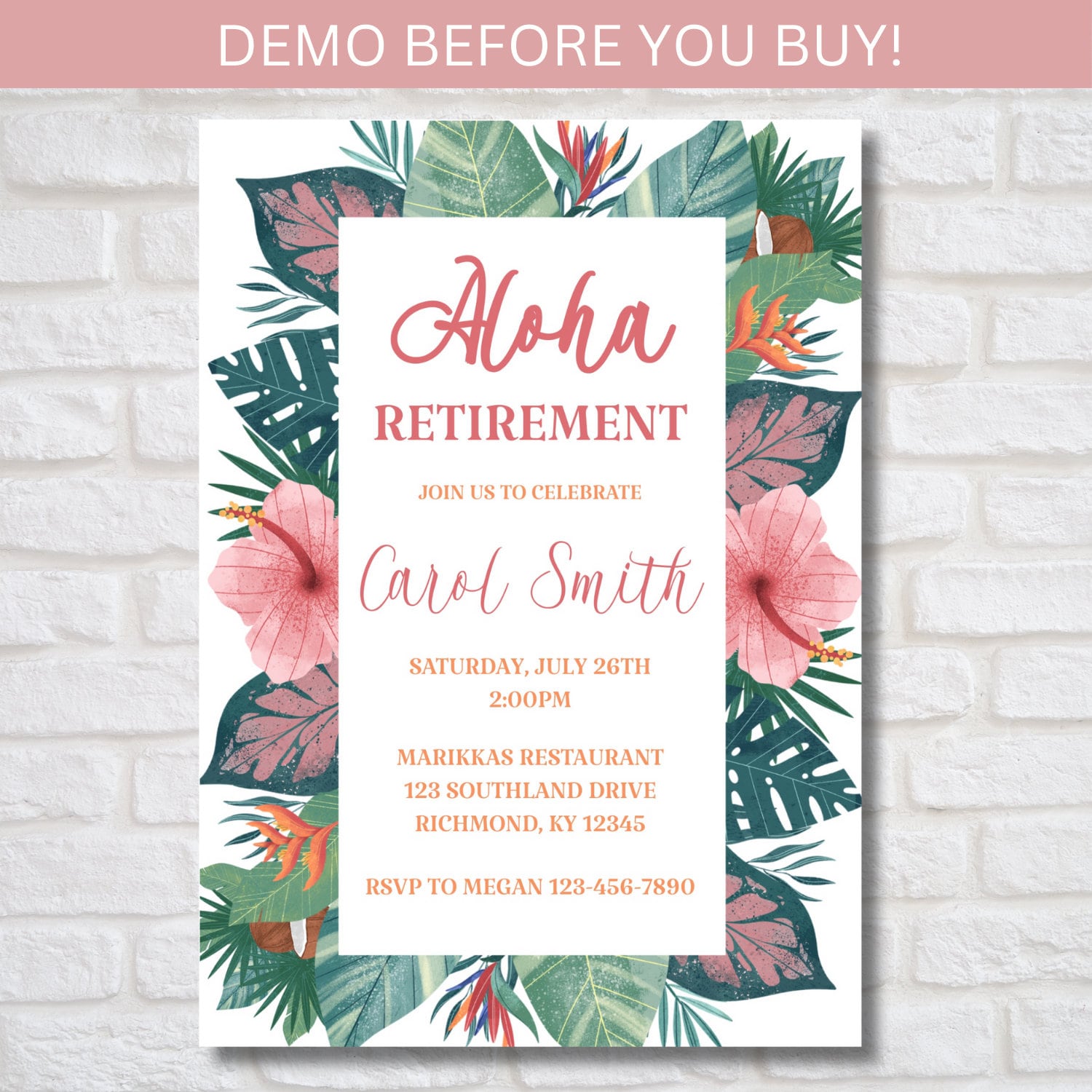 Editable Aloha Retirement Invitation, Invite Party Luau Digital ...