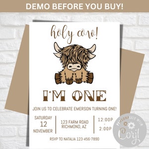 Holy Cow I'm One, Highland Cow Birthday Invitation, Cow Print Birthday ...