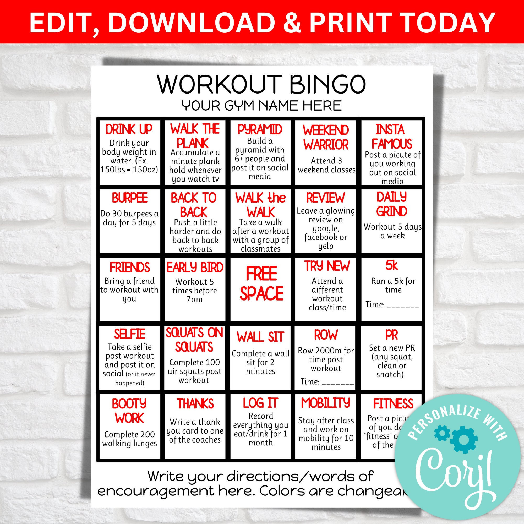 Workout Bingo - Crossfit Gym Game (PDF) - Etsy