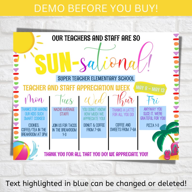 Sun-sational Teacher and Staff Appreciation Week, School Appreciation ...