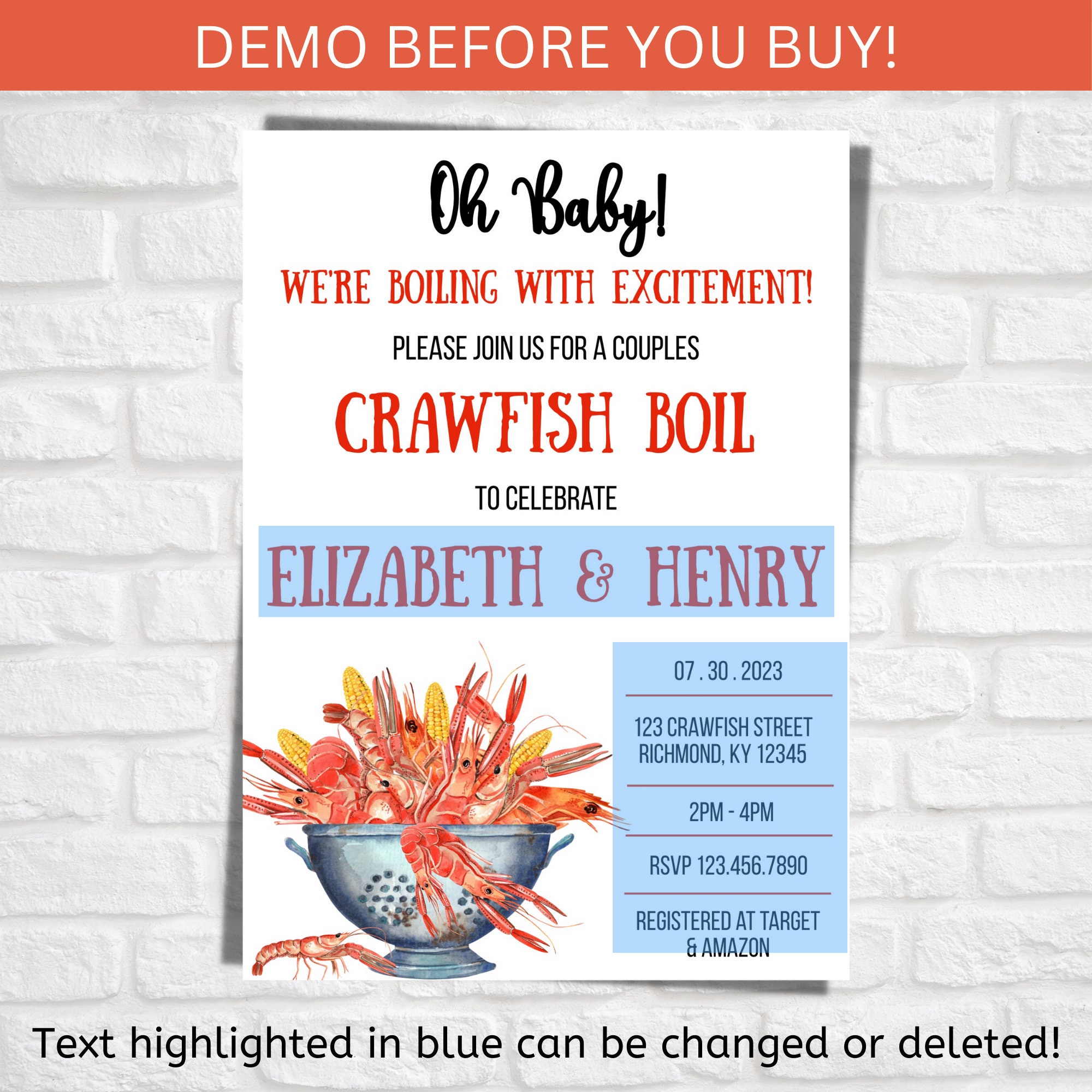 Crawfish Boil Couples Shower Invitation: Editable Template (digital ...