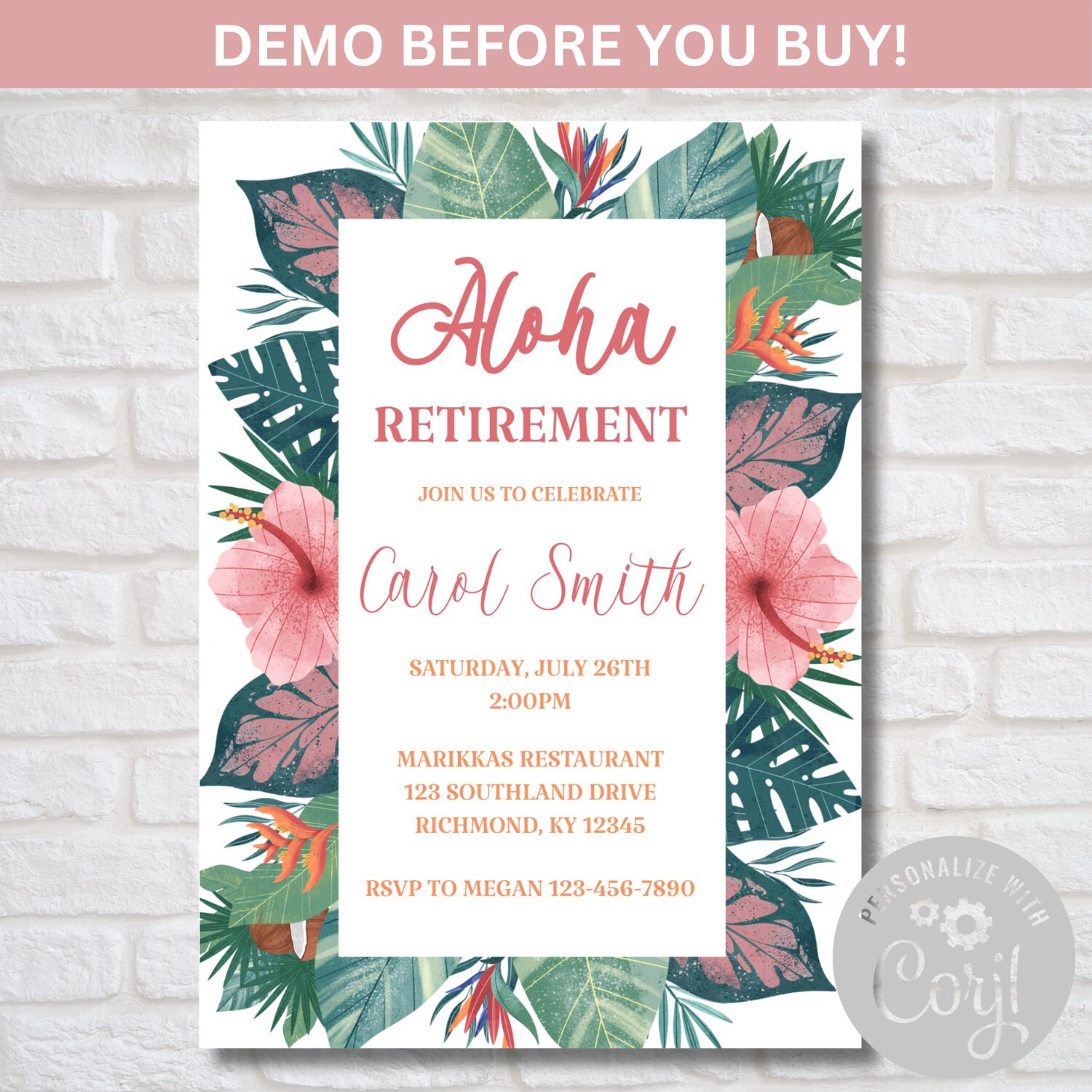 Editable Aloha Retirement Invitation, Invite Party Luau Digital ...