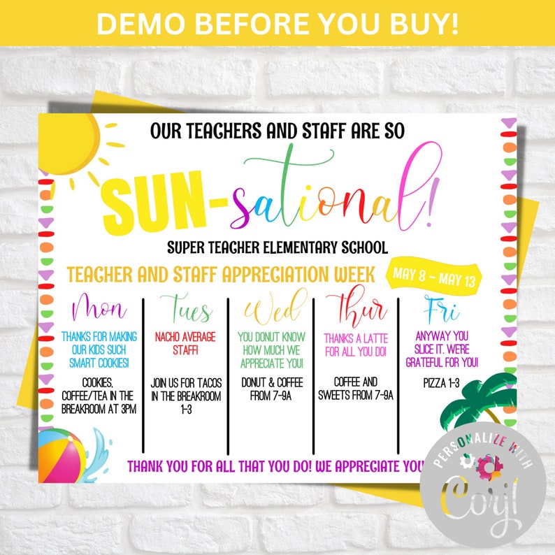 Sun-sational Teacher and Staff Appreciation Week School - Etsy