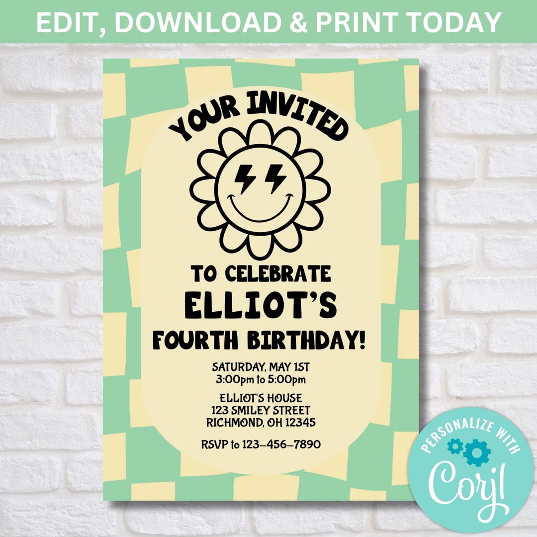 Rad Smiley Face Birthday Invitation: Editable Checkered Party Invite ...