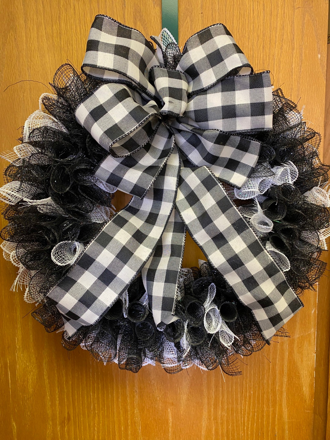 Custom Made Wreath Deco Mesh Black & White With Checker Bow - Etsy