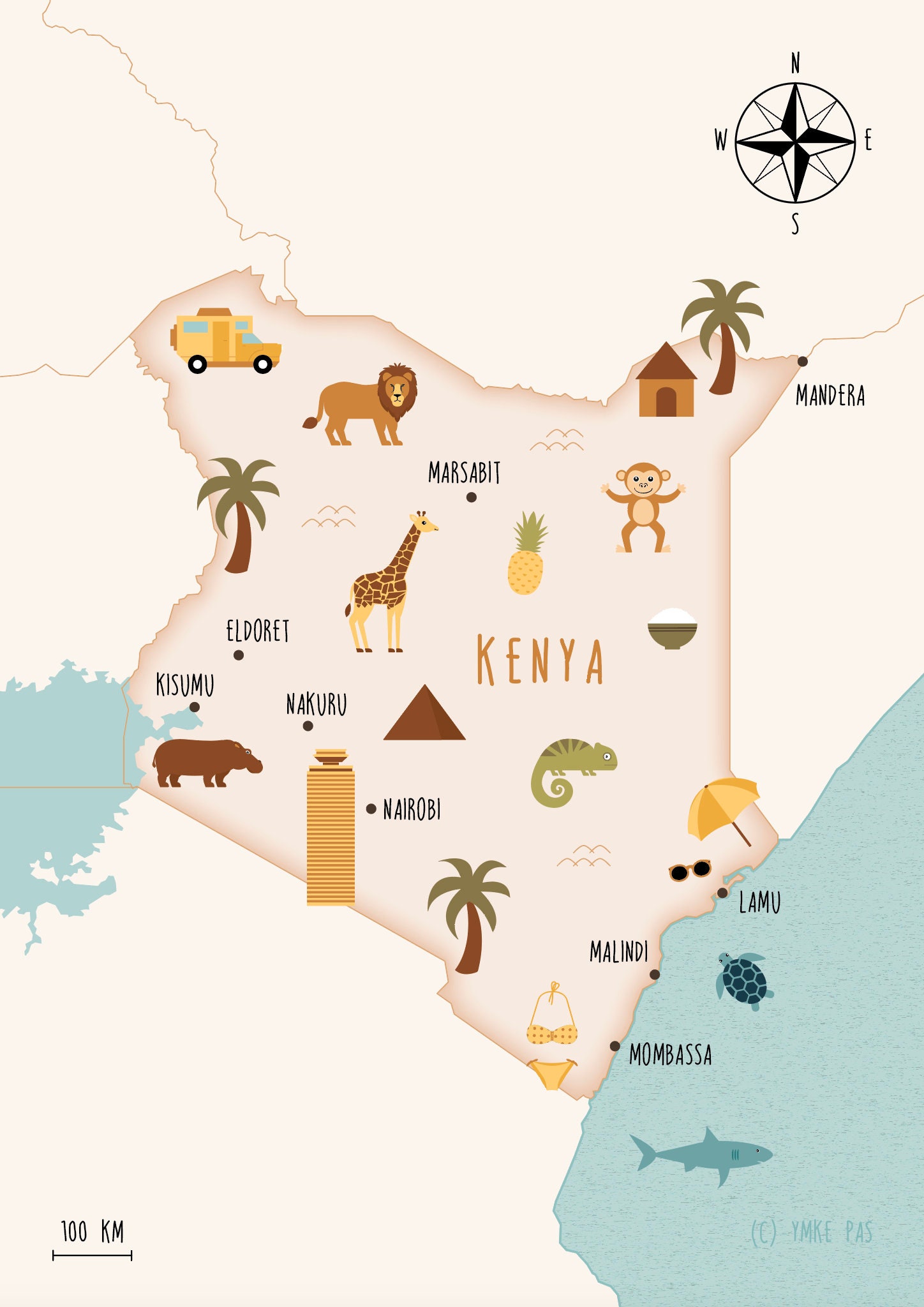 Illustrated Map of Kenya Art Print Poster Travel Map Digital Download ...