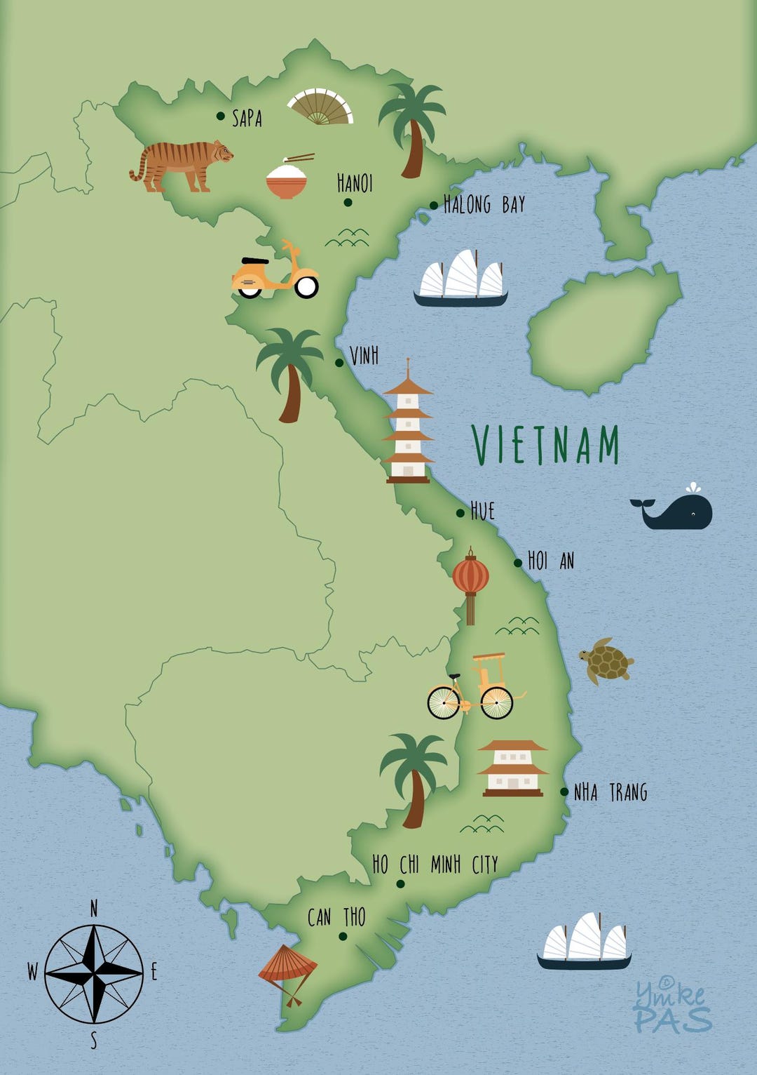Illustrated Map of Vietnam Art Print Poster Travel Map - Etsy UK