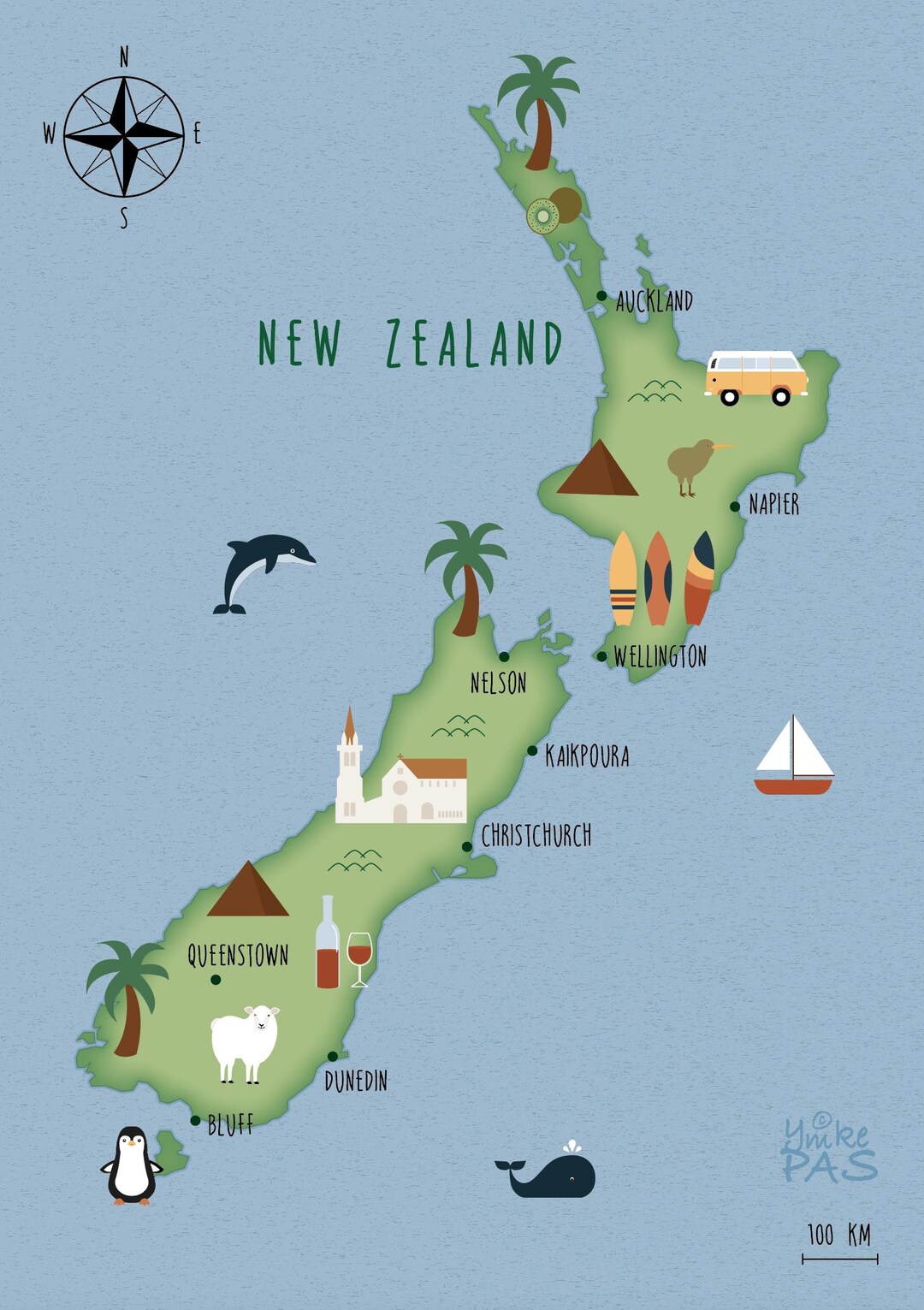 Illustrated Map of New Zealand Art Print Poster Travel Map Digital ...