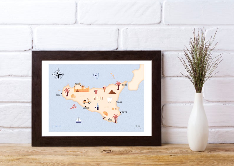 Illustrated Map of Sicily Art Print Poster Travel Map Digital Download ...