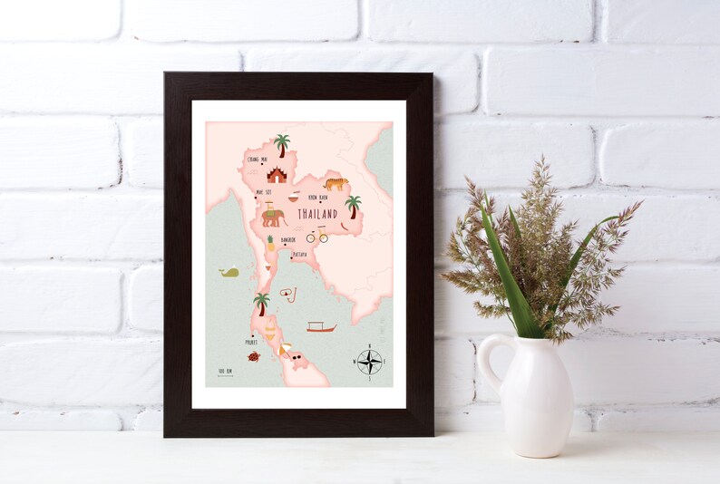 Illustrated Map of Thailand Art Print Poster Travel Map Digital ...