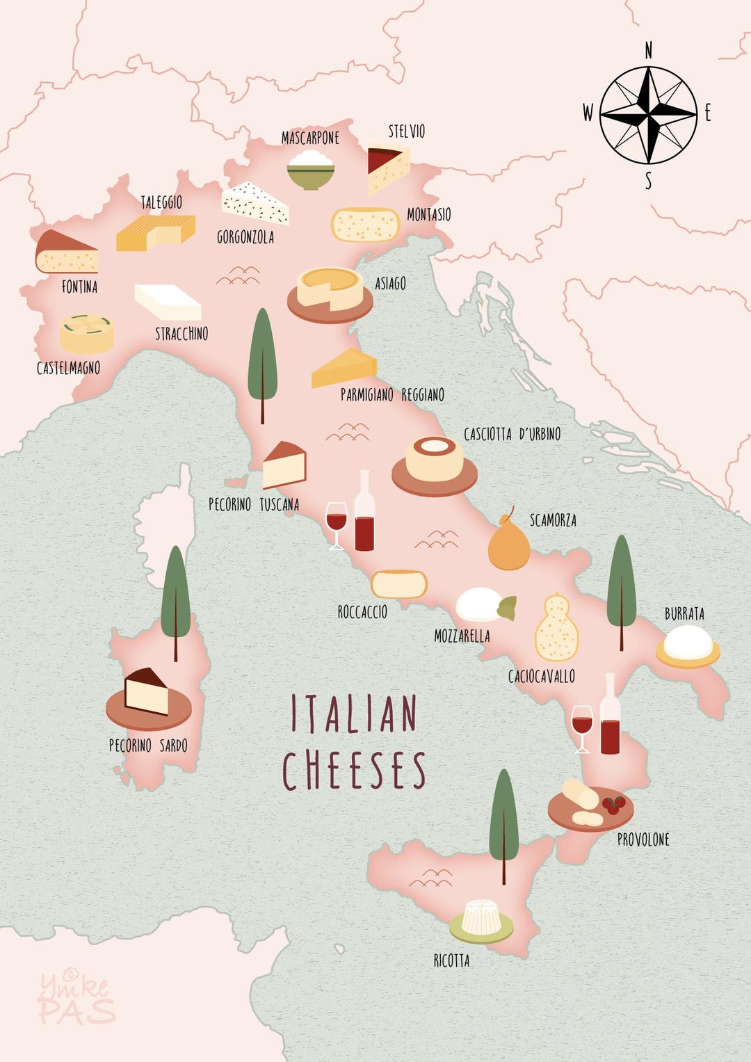Italian Cheeses Postcard, Italy, Pack of 5 Postcards A6, Illustrated ...