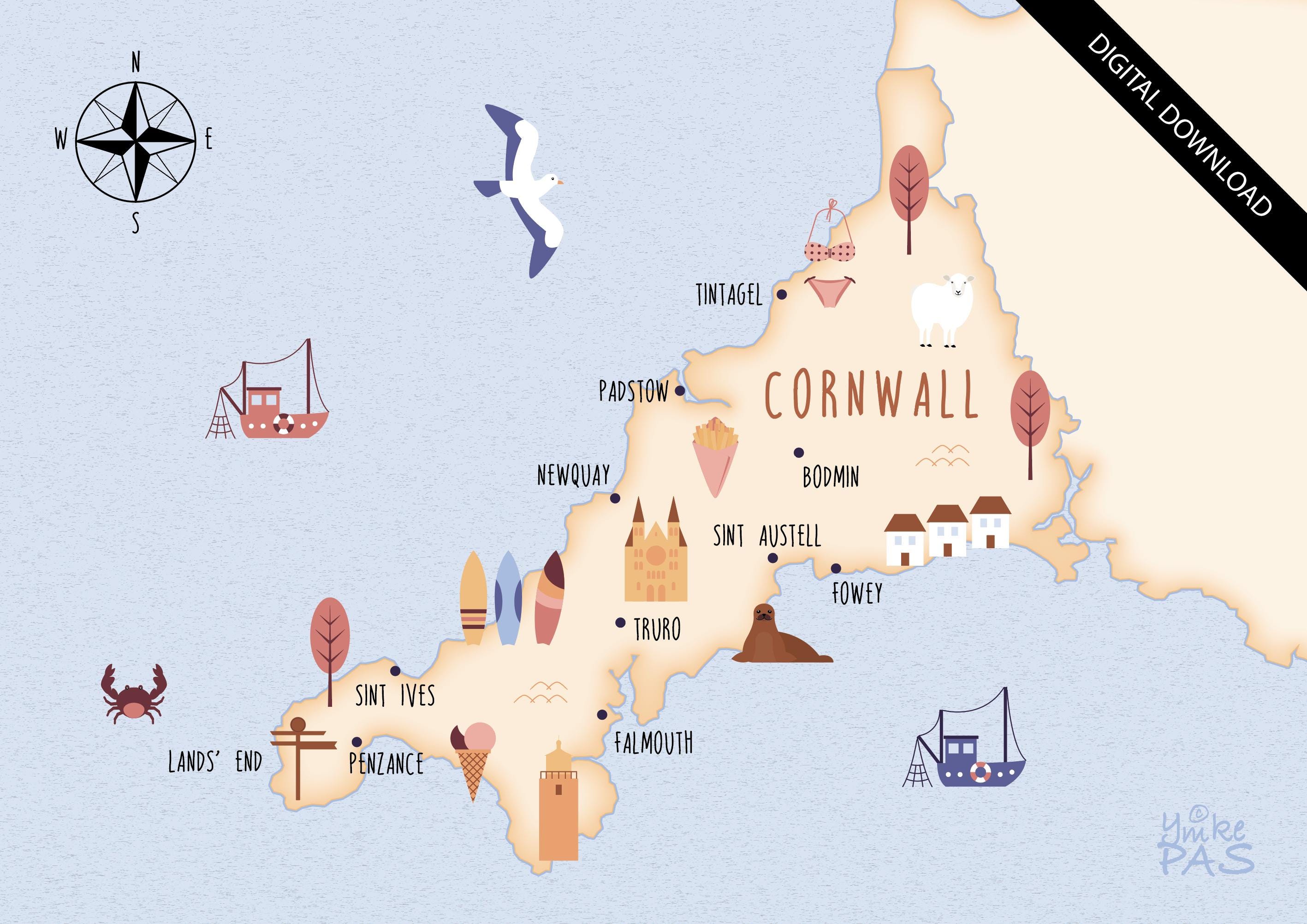 Illustrated Map of Cornwall Art Print Poster Travel Map Digital ...